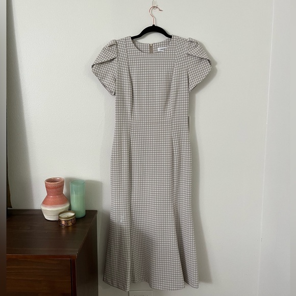 Calvin Klein | Dresses | Calvin Klein Tan Checkered Midi Dress | Poshmark